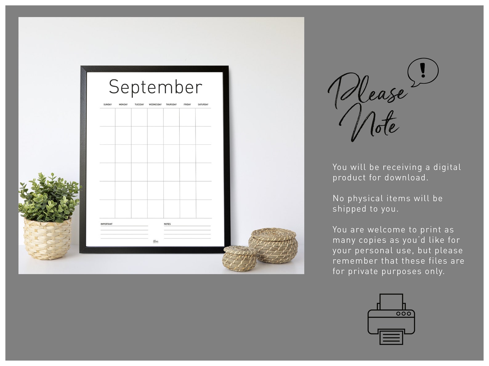 Printable Undated Monthly Calendar Minimalist Black/white Digital PDF ...