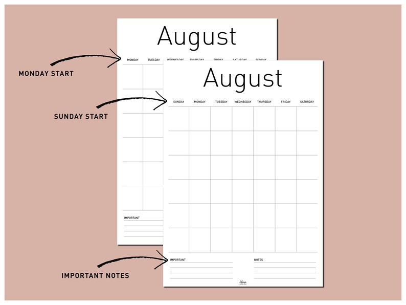 Printable Undated Monthly Calendar Minimalist Black/white Digital PDF ...