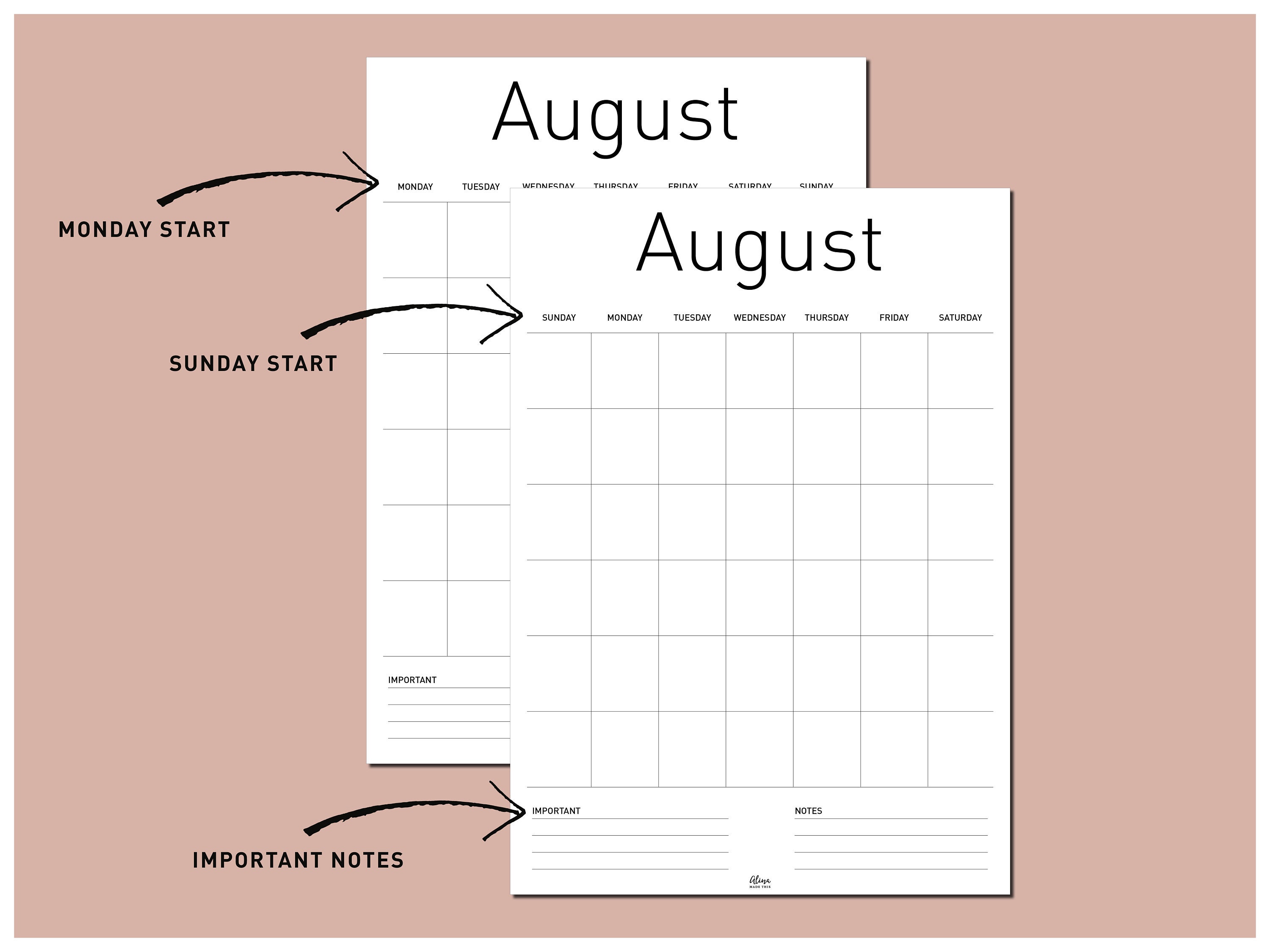 Printable Undated Monthly Calendar Minimalist Black/white Digital PDF ...