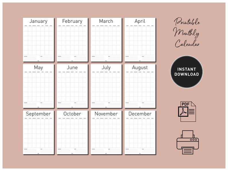 Printable Undated Monthly Calendar Minimalist Black/white Digital PDF ...