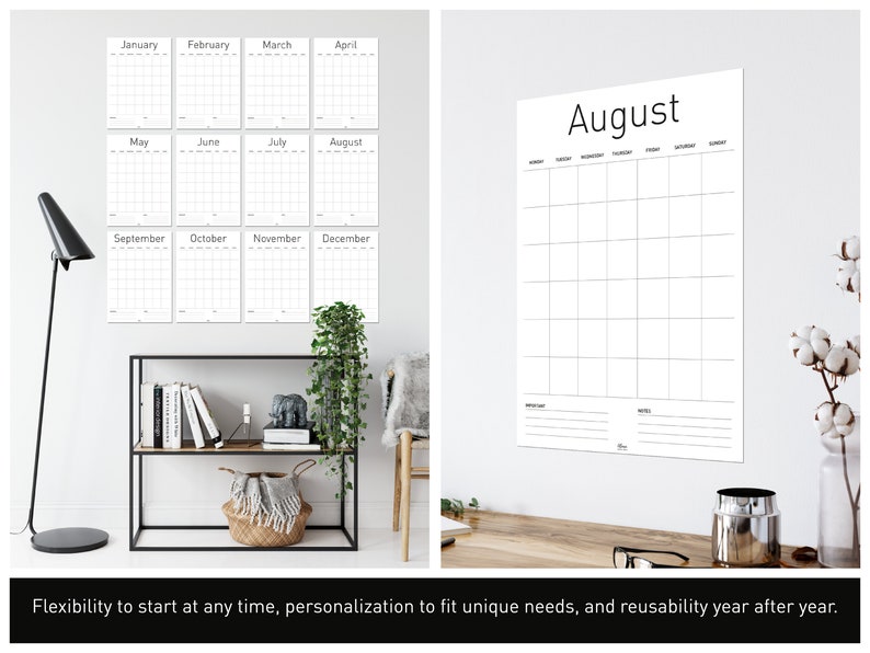 Printable Undated Monthly Calendar Minimalist Black/white Digital PDF ...