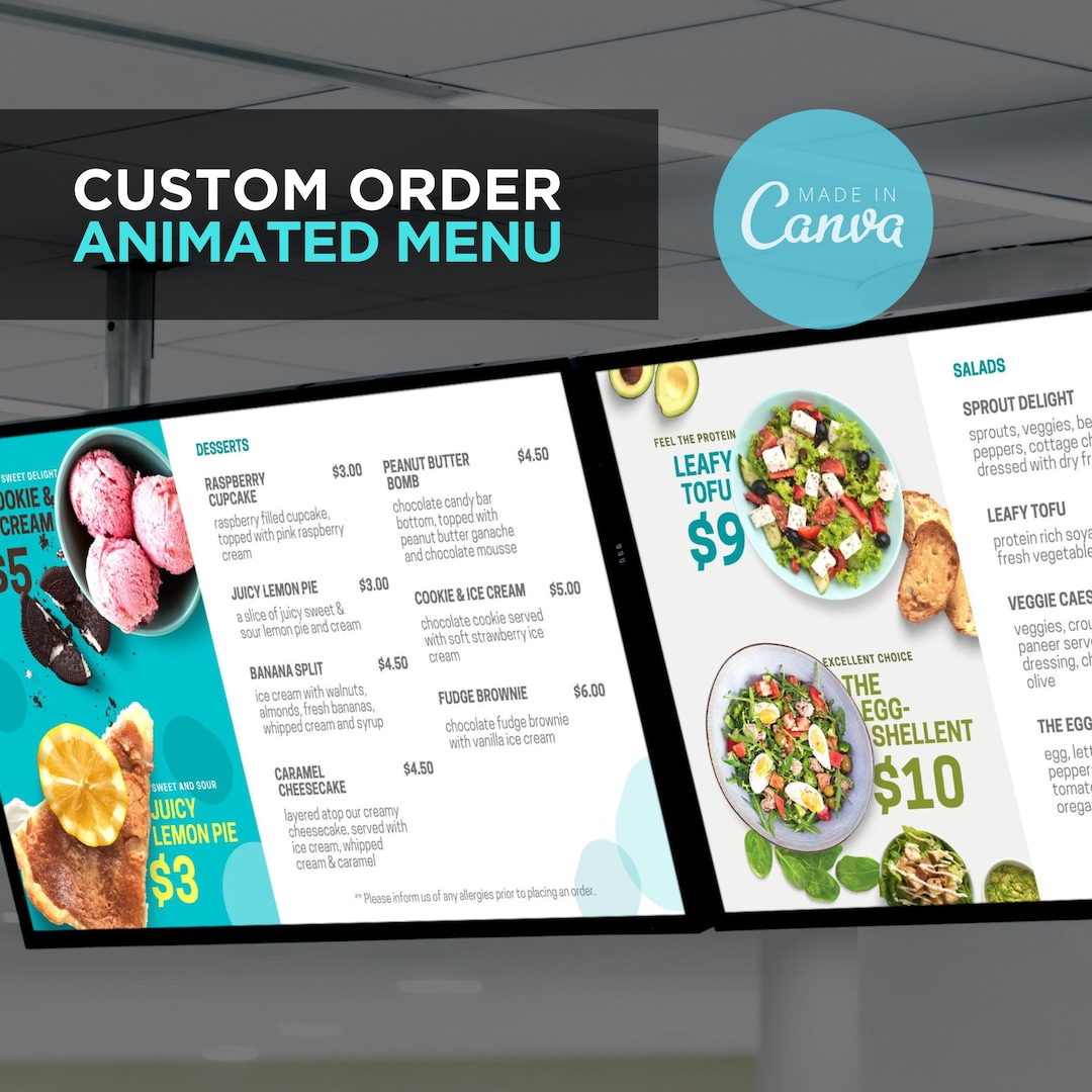 Custom Order Animated Digital TV Editable Canva Menu Board Screen for ...
