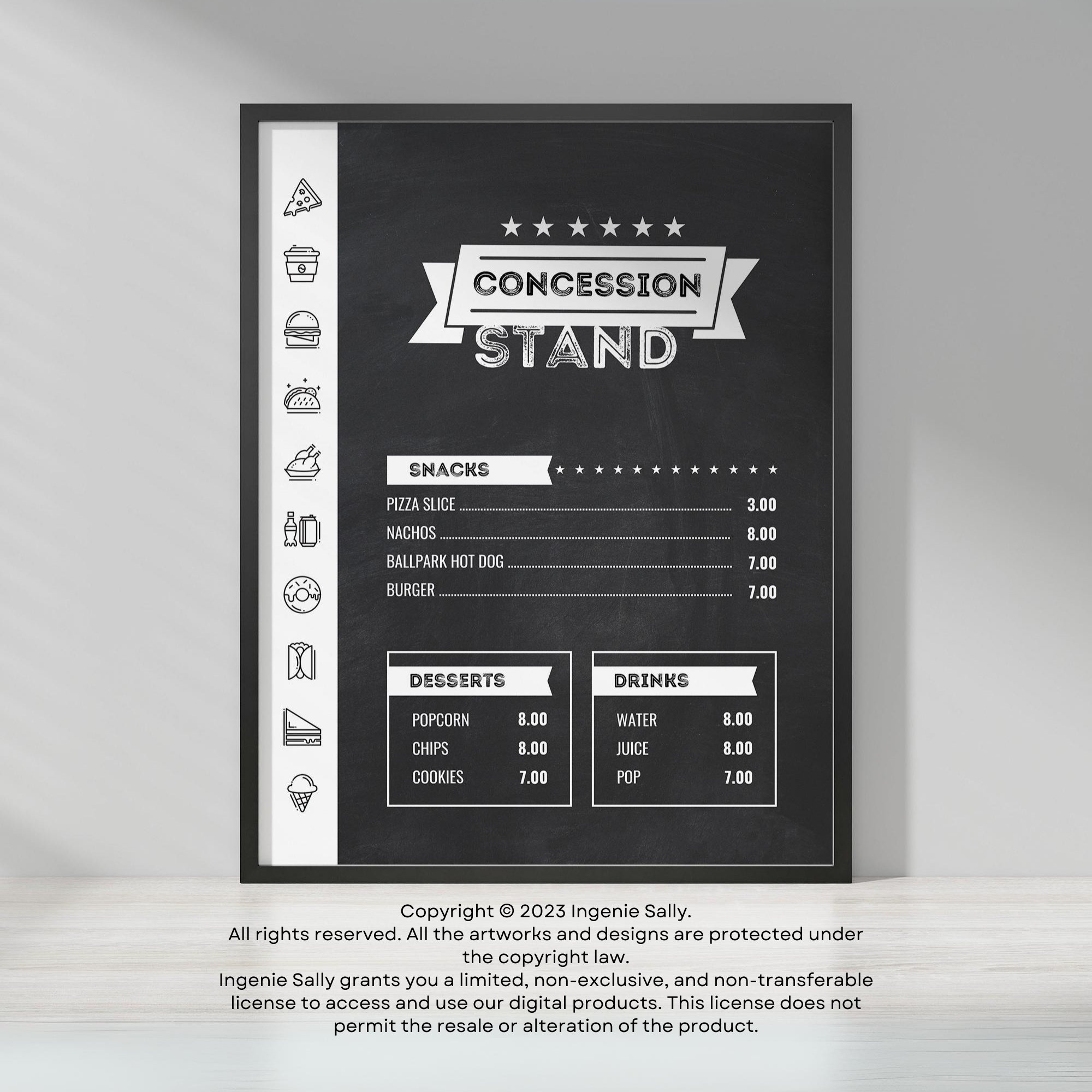 Concession Stand Menu Sign Template for Fast Food Pizza Burger Sandwich ...