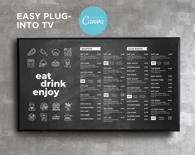 DIY Static TV Editable Digital Menu Board Screen Canva Template for ...