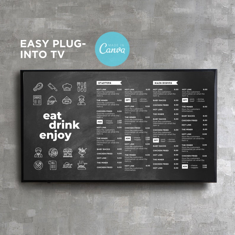 DIY Static TV Editable Digital Menu Board Screen Canva Template for ...