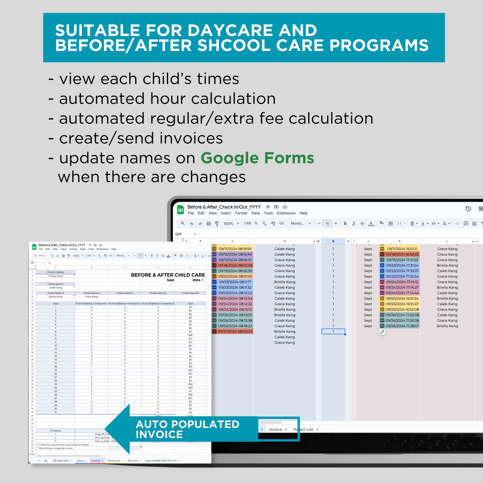 Before After School Sign in Out Sheet Digital Automated Billing Invoice ...