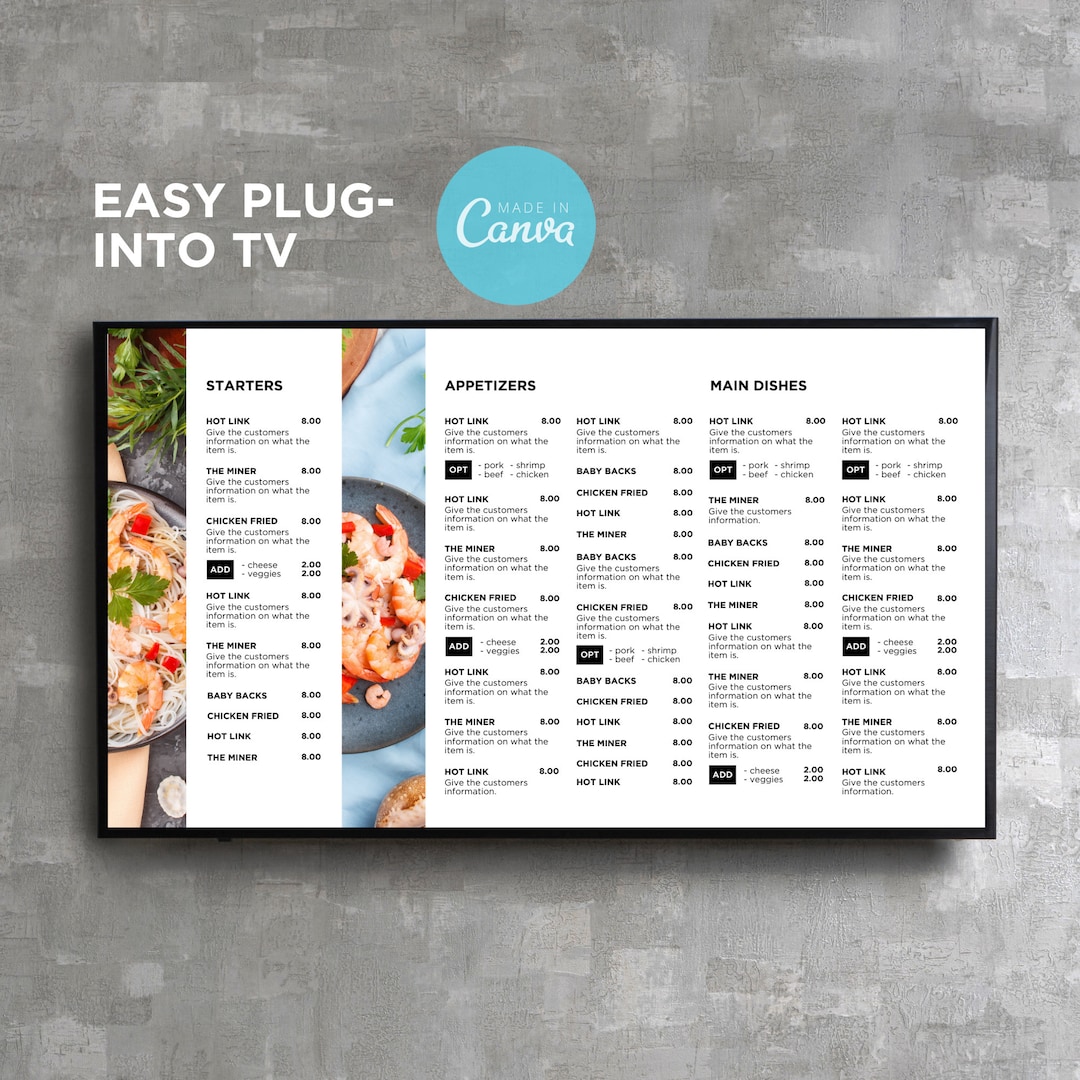 DIY Static TV Editable Digital Menu Board Screen Canva Template for ...