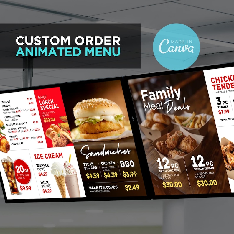 4 - Custom Order Animated Digital TV Editable Canva Menu Board Screen ...