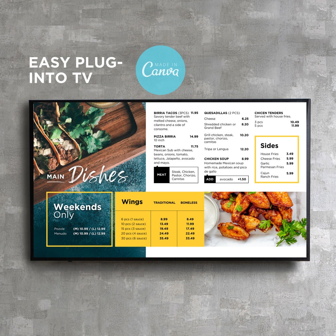 DIY Mexican Static TV Editable Digital Menu Board Screen Canva Template ...