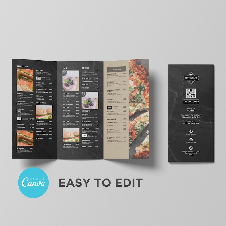 Trifold Takeout to Go Brochure Menu Template for Restaurant Pizza ...