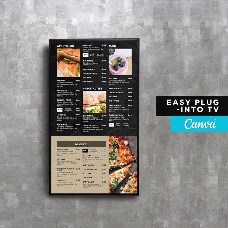 DIY Static TV Editable Digital Menu Board Screen Canva Template for ...