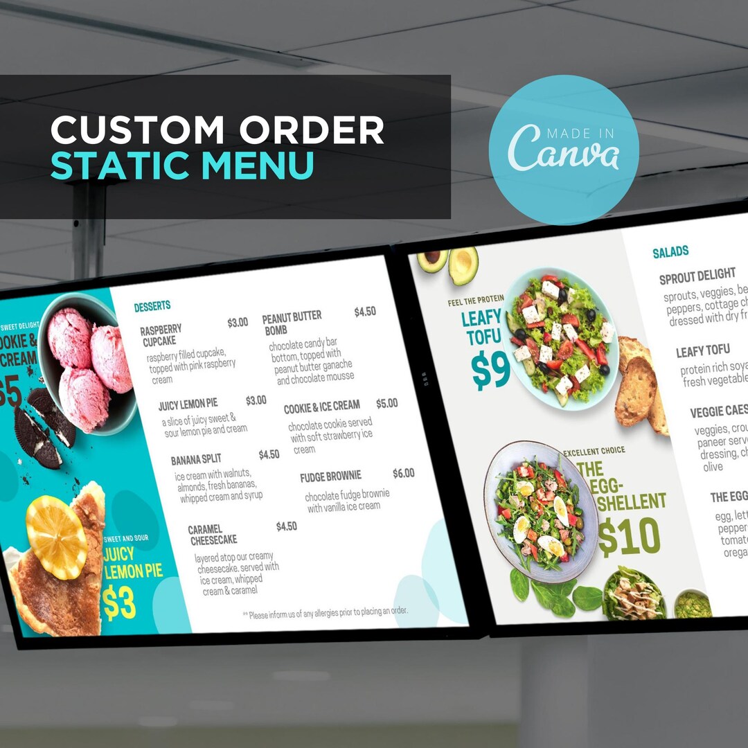 3 - Custom Order Static Digital TV, LED Backlit, Editable Canva Menu ...