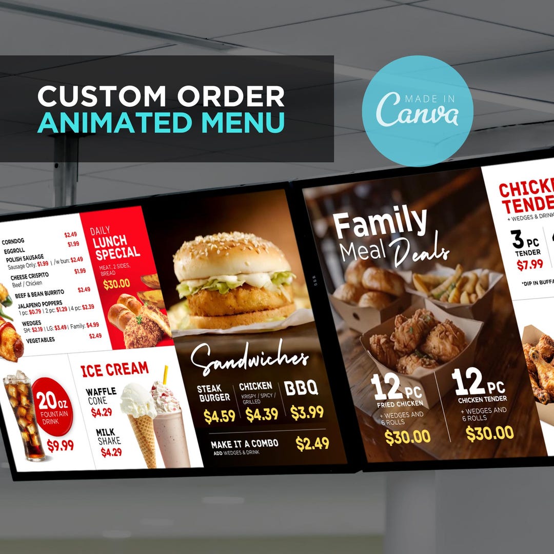 2 - Custom Order Animated Digital TV Editable Canva Menu Board Screen ...