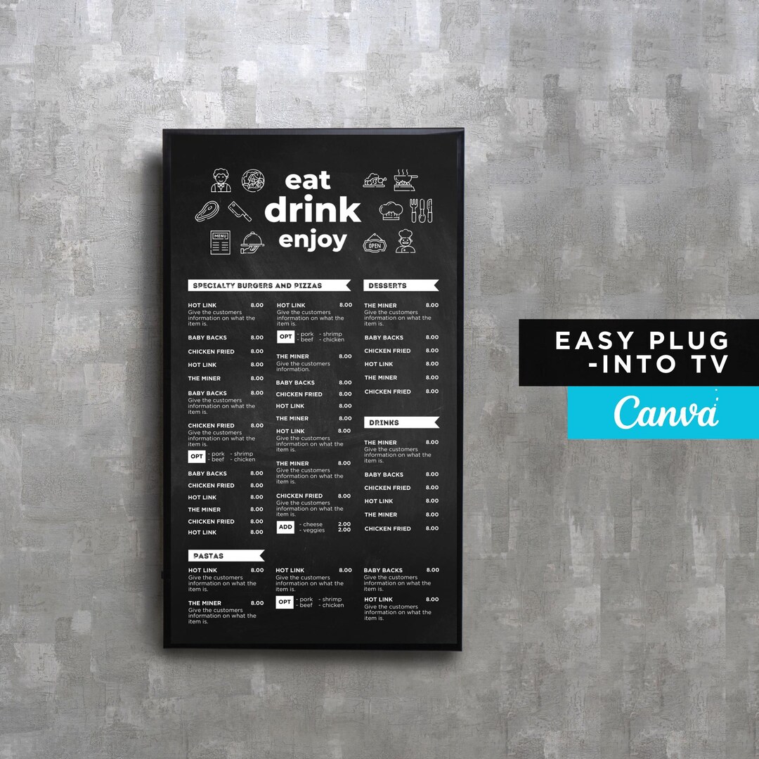 DIY Static TV Editable Digital Menu Board Screen Canva Template for ...