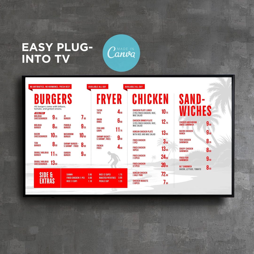 DIY Static TV Editable Digital Menu Board Screen Canva Template for ...