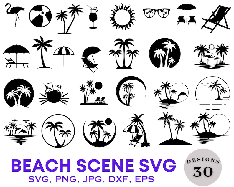 Beach Scene, Sunset Beach Scene, SVG PNG Files for Cutting Machines ...