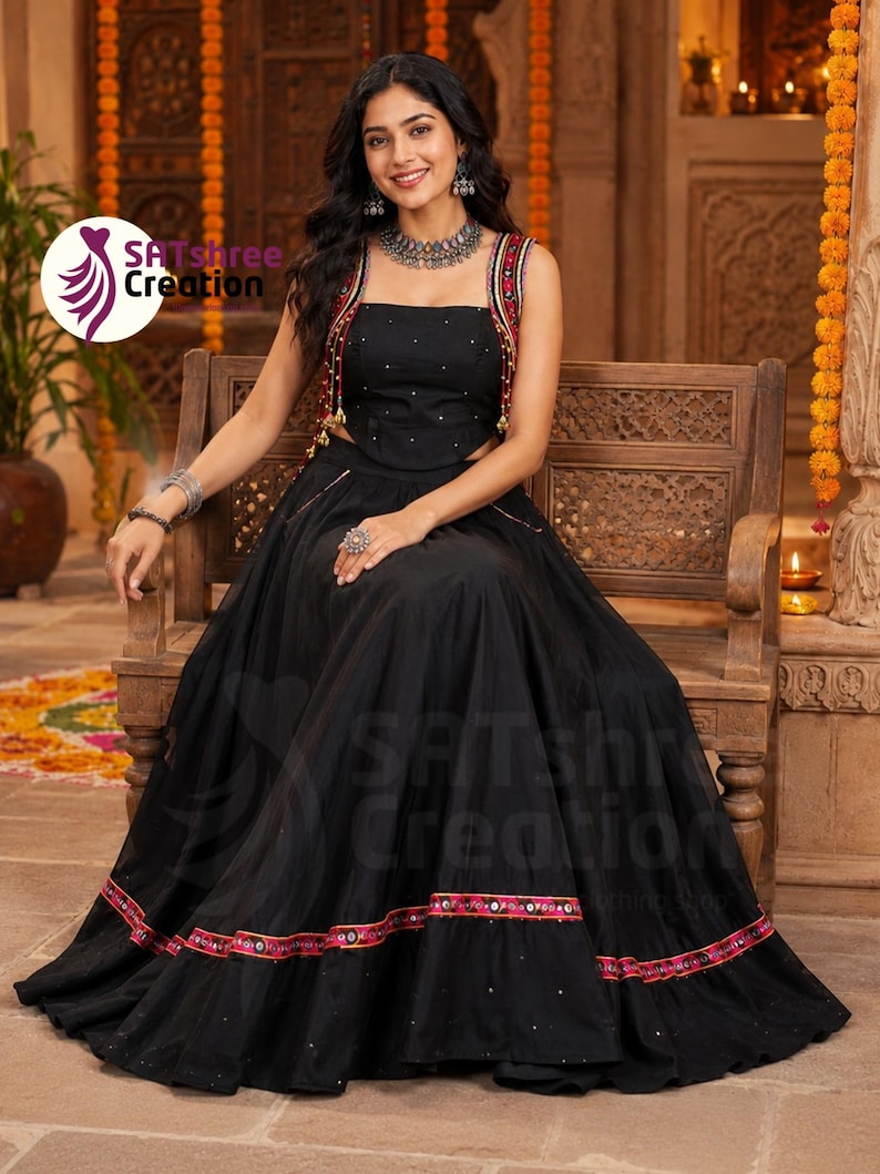 Black Navratri Lehenga Choli for Women, Mirror Work Cotton Chaniya ...
