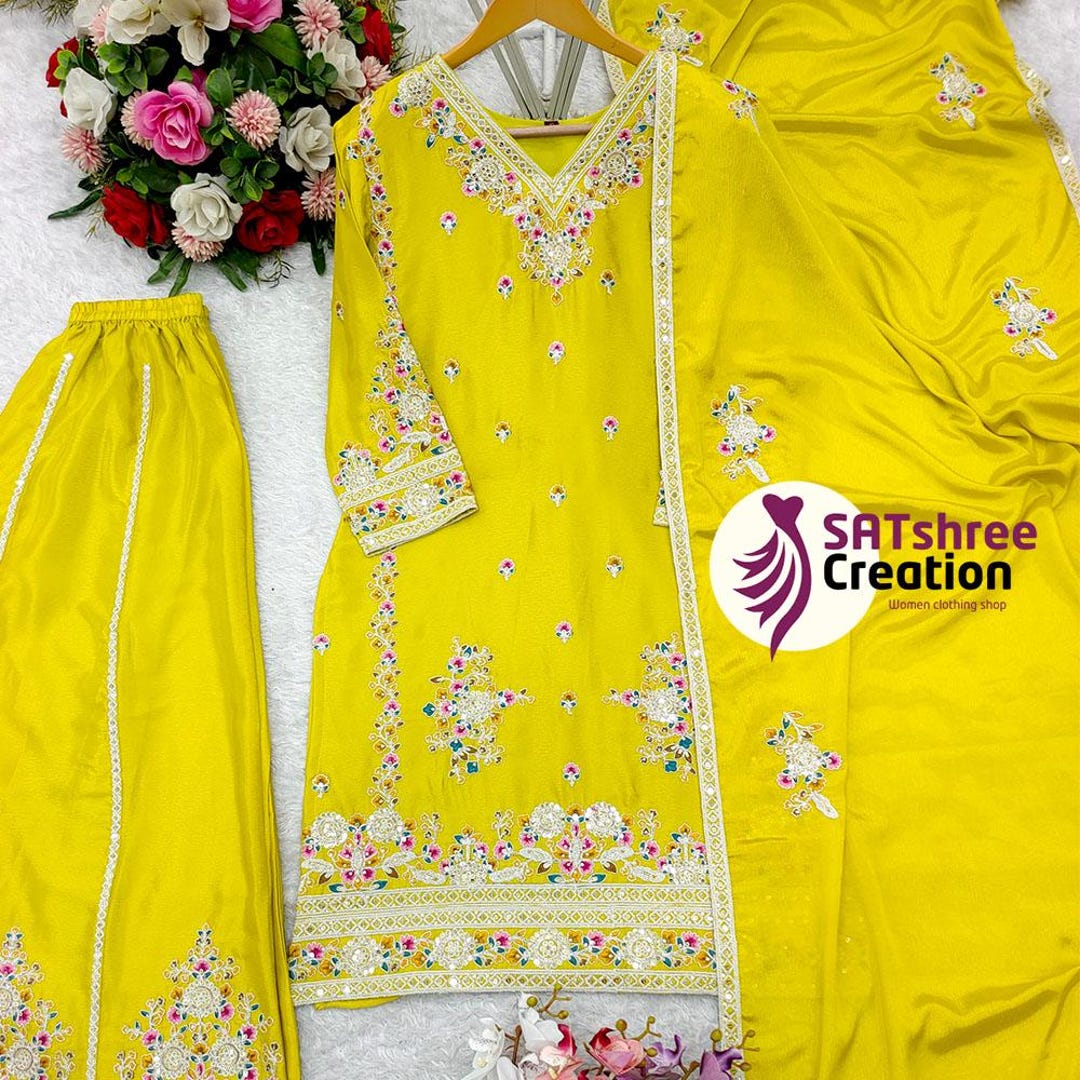 Yellow Cinon Silk Salwar Kameez: Embroidered Sharara Suit - Etsy