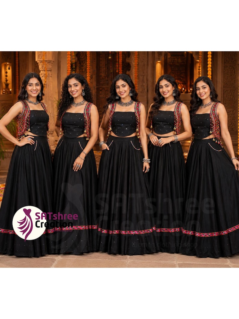 Black Navratri Lehenga Choli for Women, Mirror Work Cotton Chaniya ...
