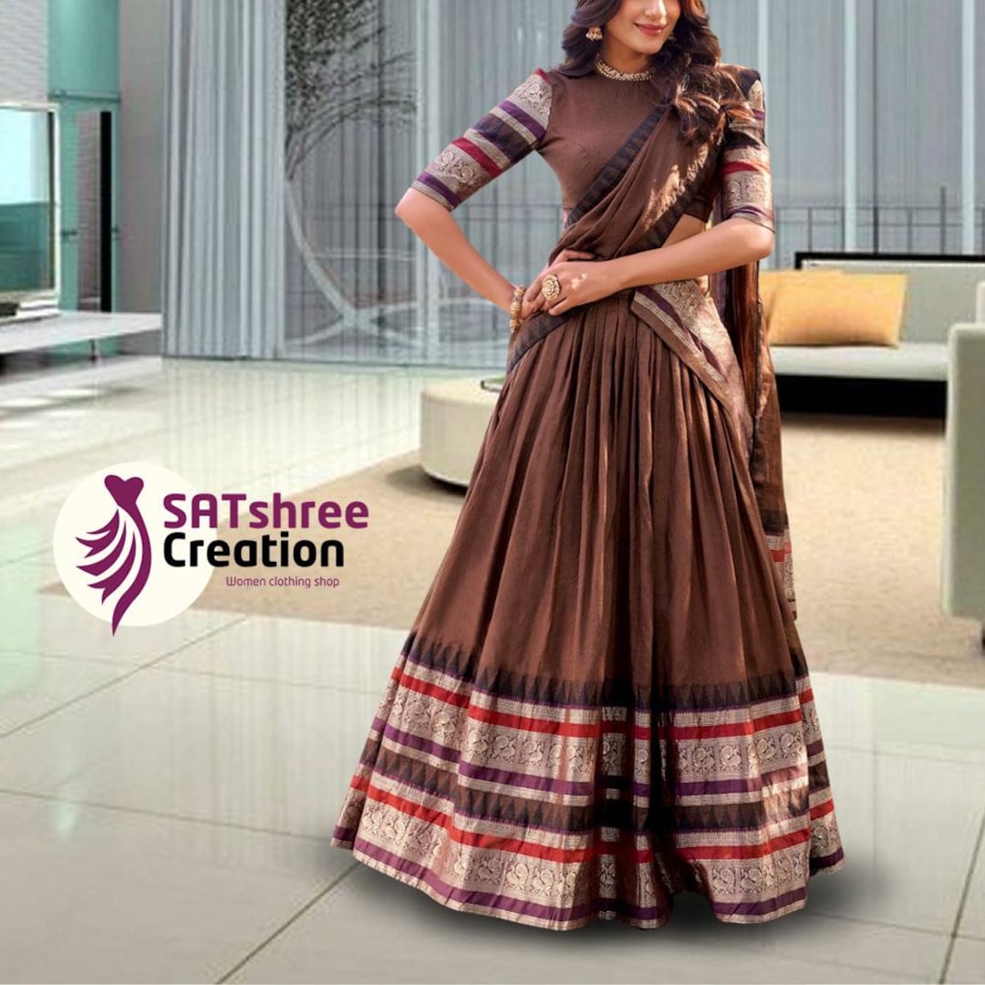Brown Half Saree Wedding Lehenga Choli Langa Voni With Dupatta Teen ...