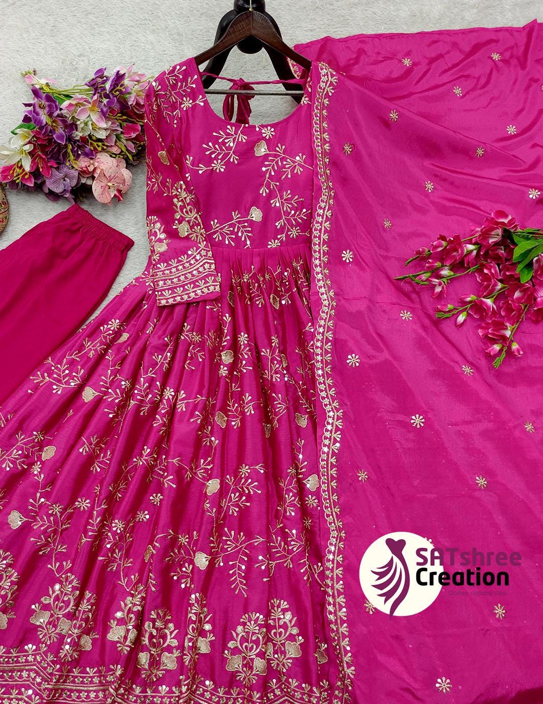 Pink Embroidered Cinon Silk Anarkali Dress With Dupatta: Indian Wedding ...