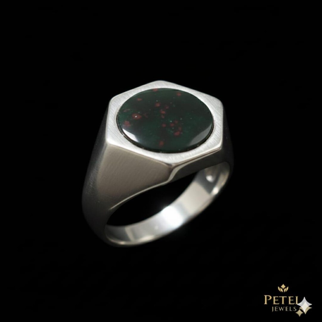 Men's Sterling Silver Round Bloodstone Hexagon Ring - Etsy
