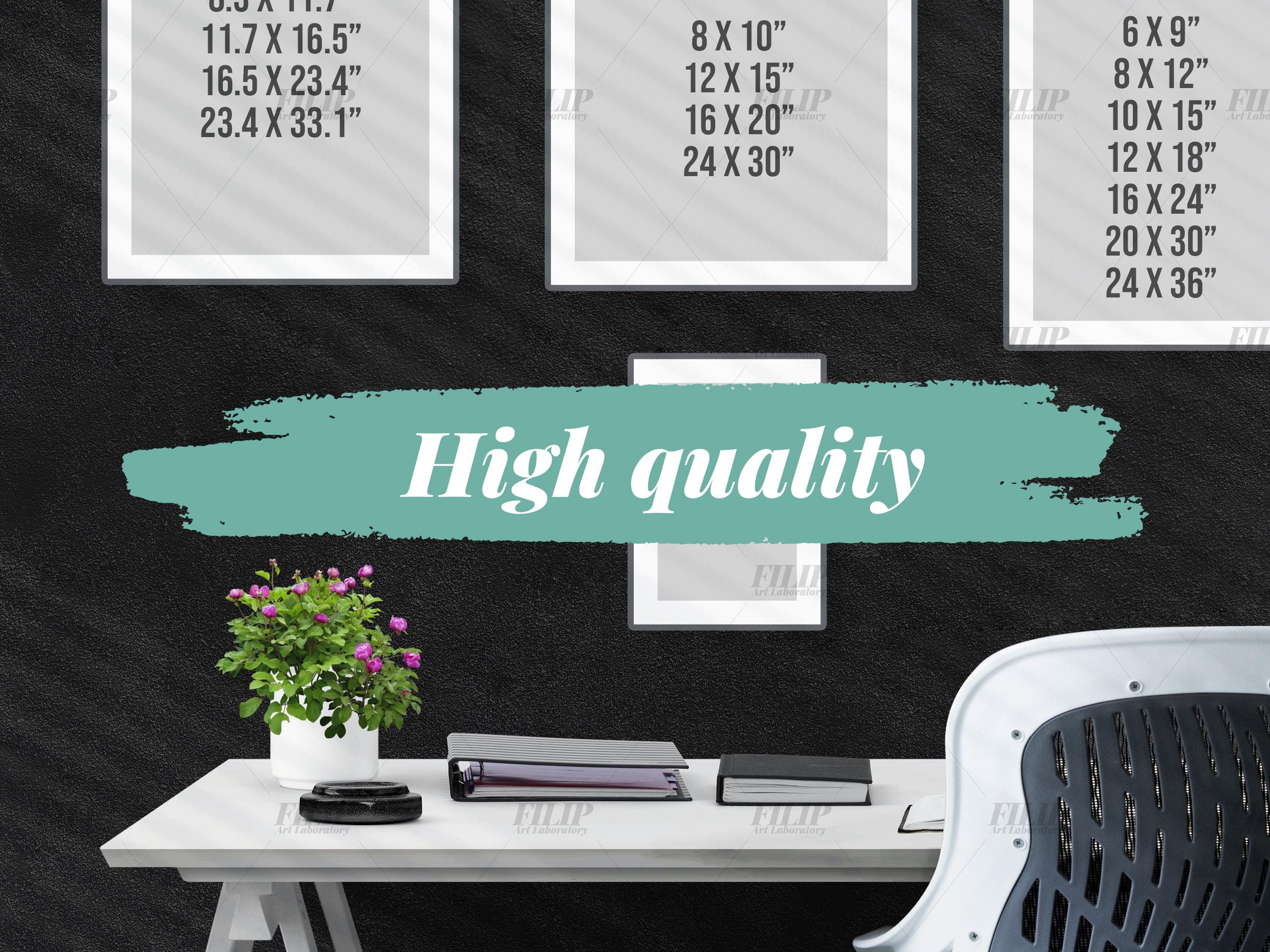 Wall Art Size Guide, Frame Size Guide, Digital Print Size Mockup, Poster Size, Dark Room With ...