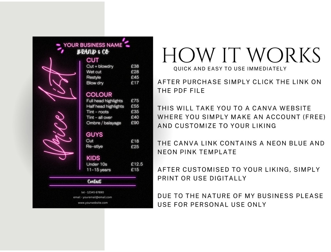 Neon Price List Template DIY Small Business Printable Pricing Guide ...
