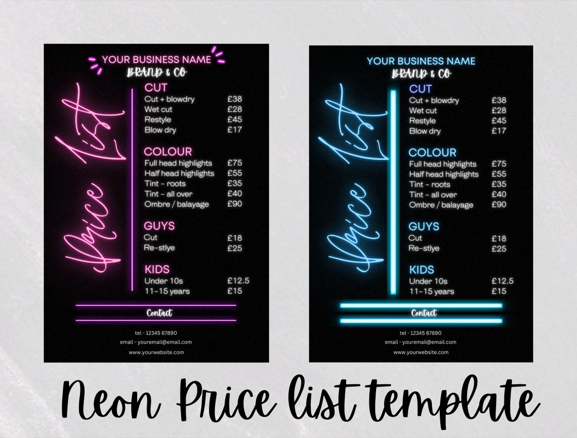 Neon Price List Template DIY Small Business Printable Pricing Guide ...