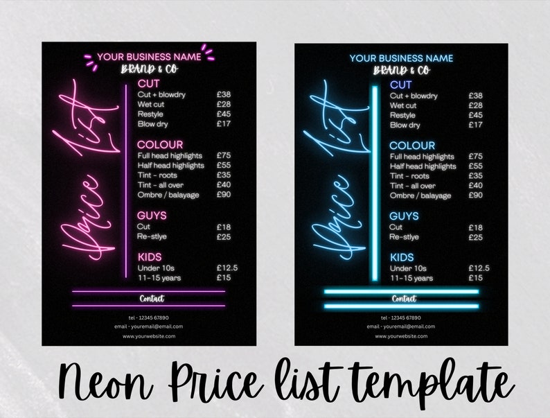 Neon Price List Template DIY Small Business Printable Pricing Guide ...