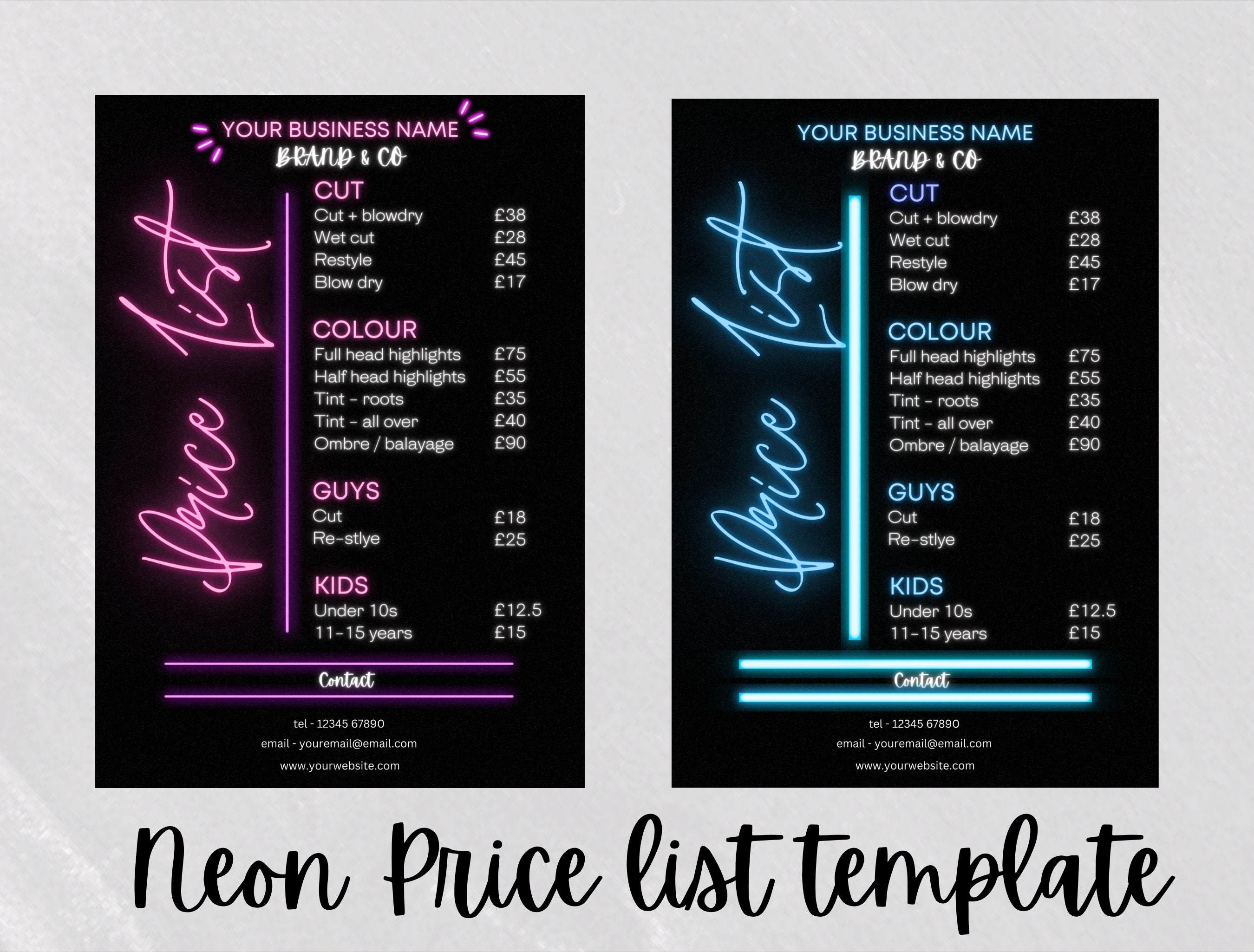 Neon Price List Template DIY Small Business Printable Pricing Guide ...