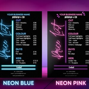 Neon Price List Template DIY Small Business Printable Pricing Guide ...