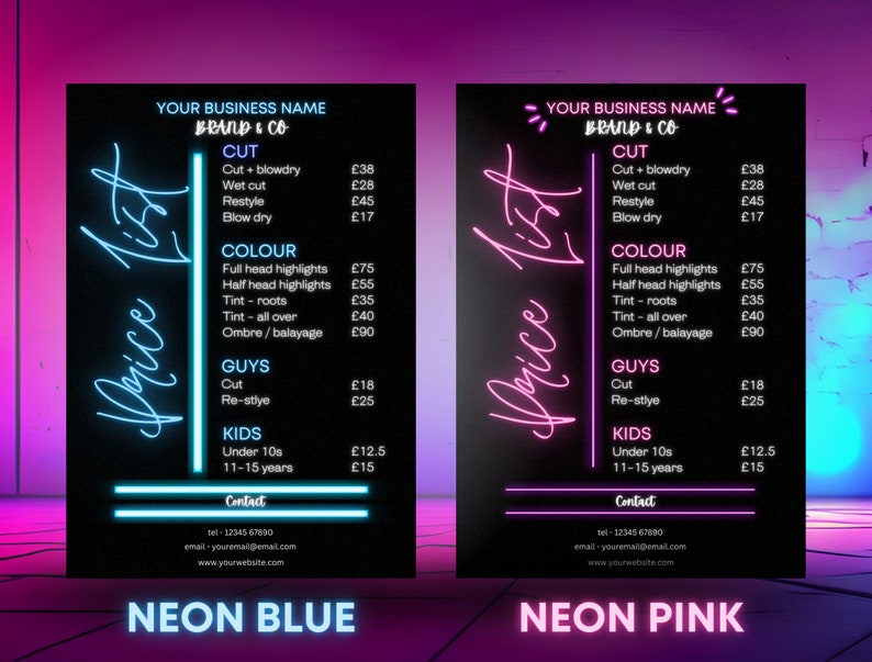 Neon Price List Template DIY Small Business Printable Pricing Guide ...