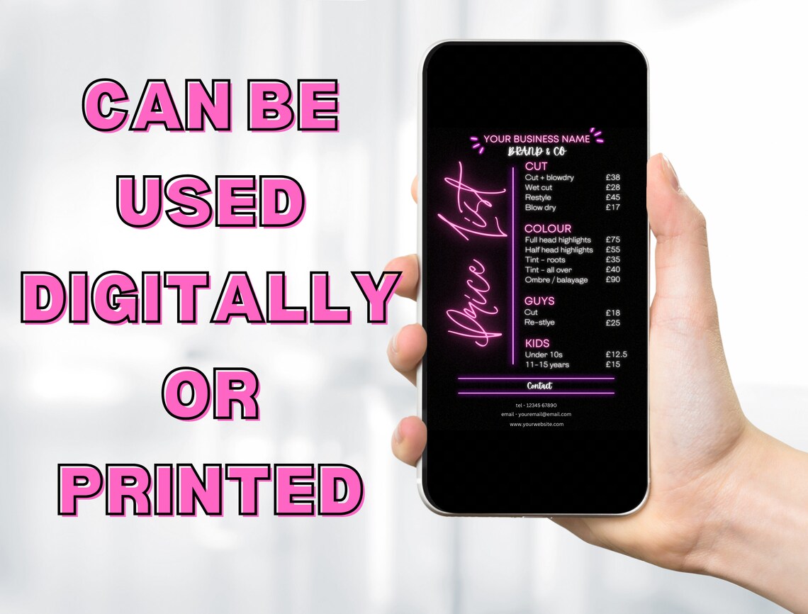 Neon Price List Template DIY Small Business Printable Pricing Guide ...