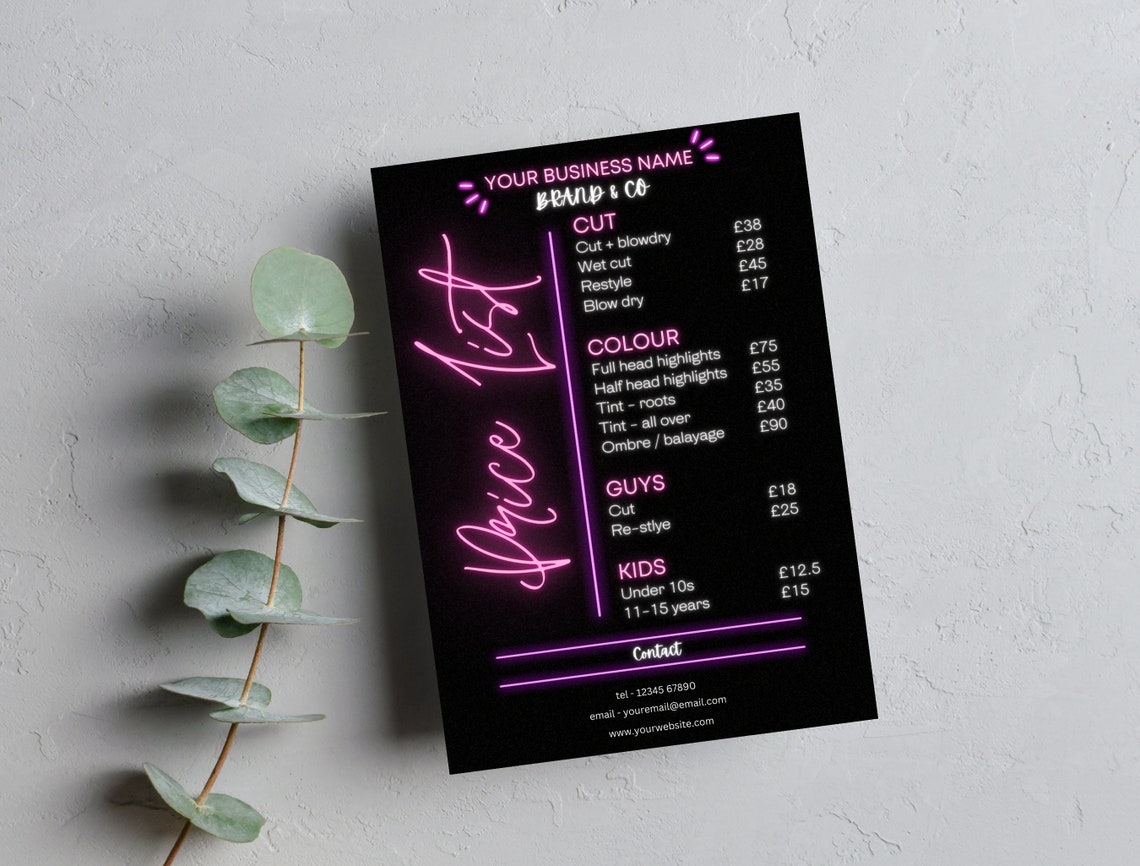 Neon Price List Template DIY Small Business Printable Pricing Guide ...