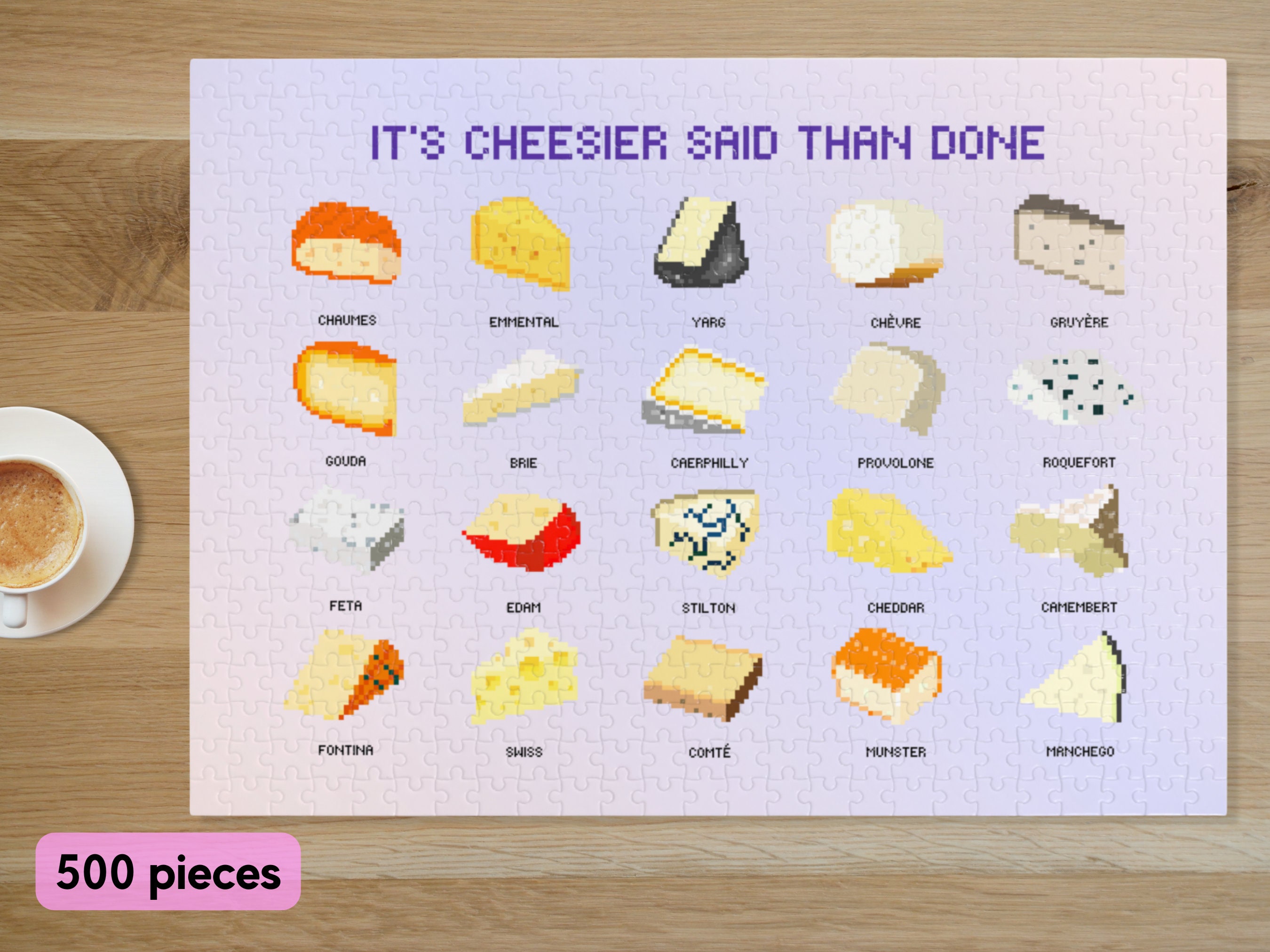 Pixel Art Cheese Variety Jigsaw Puzzle, Fun Cheese Pun Jigsaw Puzzle ...