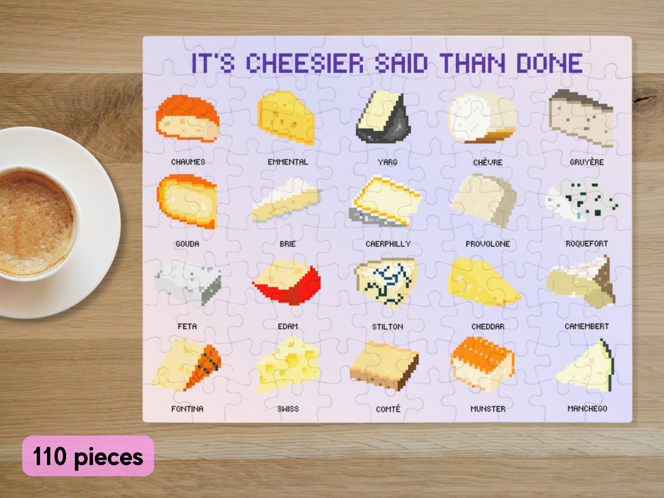 Pixel Art Cheese Variety Jigsaw Puzzle, Fun Cheese Pun Jigsaw Puzzle ...