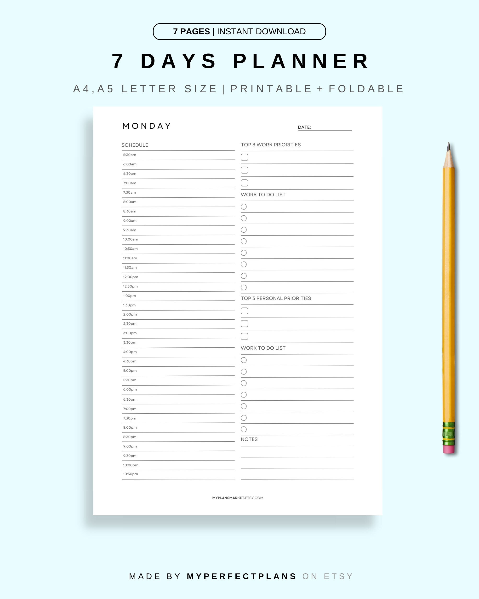7 Day Planner Printable Daily Planner Weekly Planner Daily - Etsy