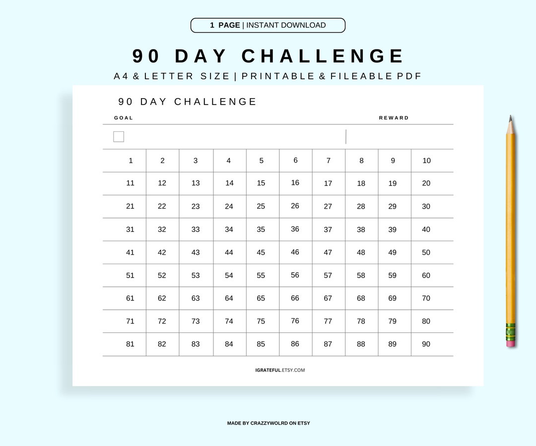 90 Day Challenge Printable Landscape, Goal Setting, Progress Tracker ...