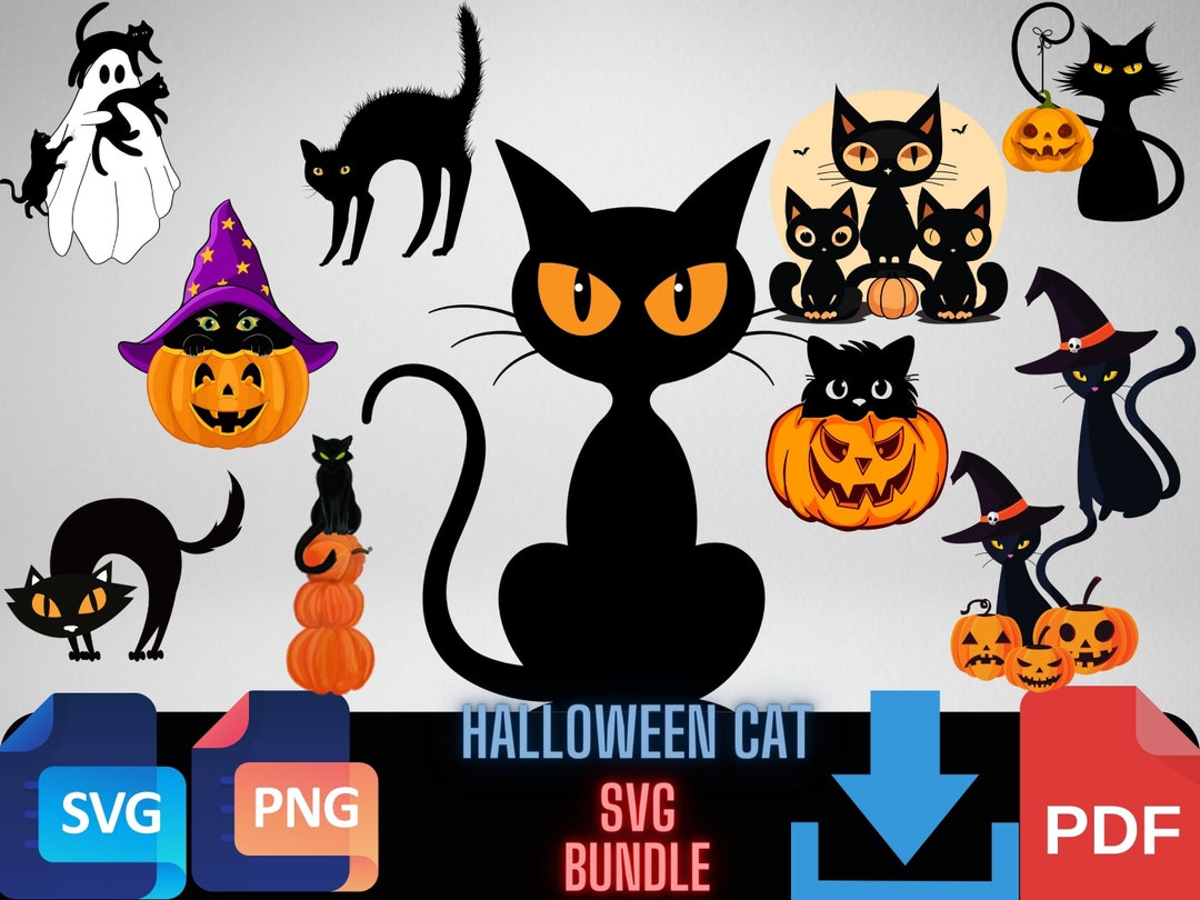 Halloween Black Cats SVG Bundle, Black Cat Png Bundle, Halloween Black ...