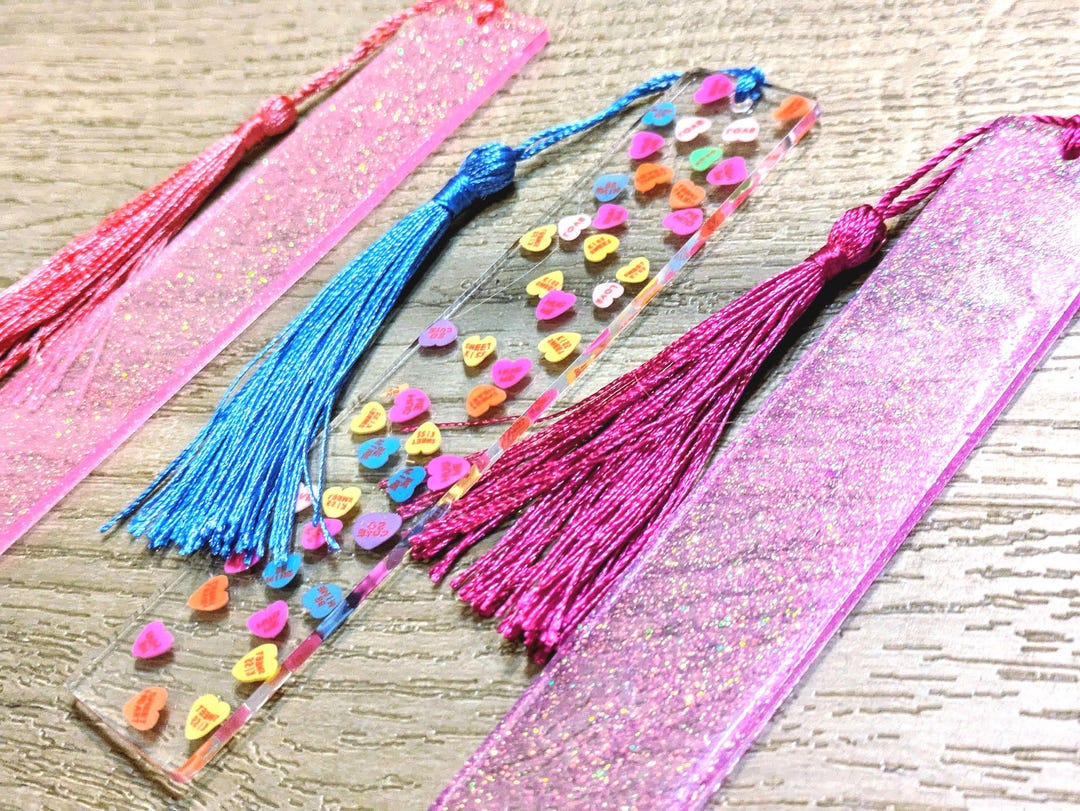 Set of 3 Conversation Hearts Pink Purple Blue Resin Bookmark 5.5 Inch ...