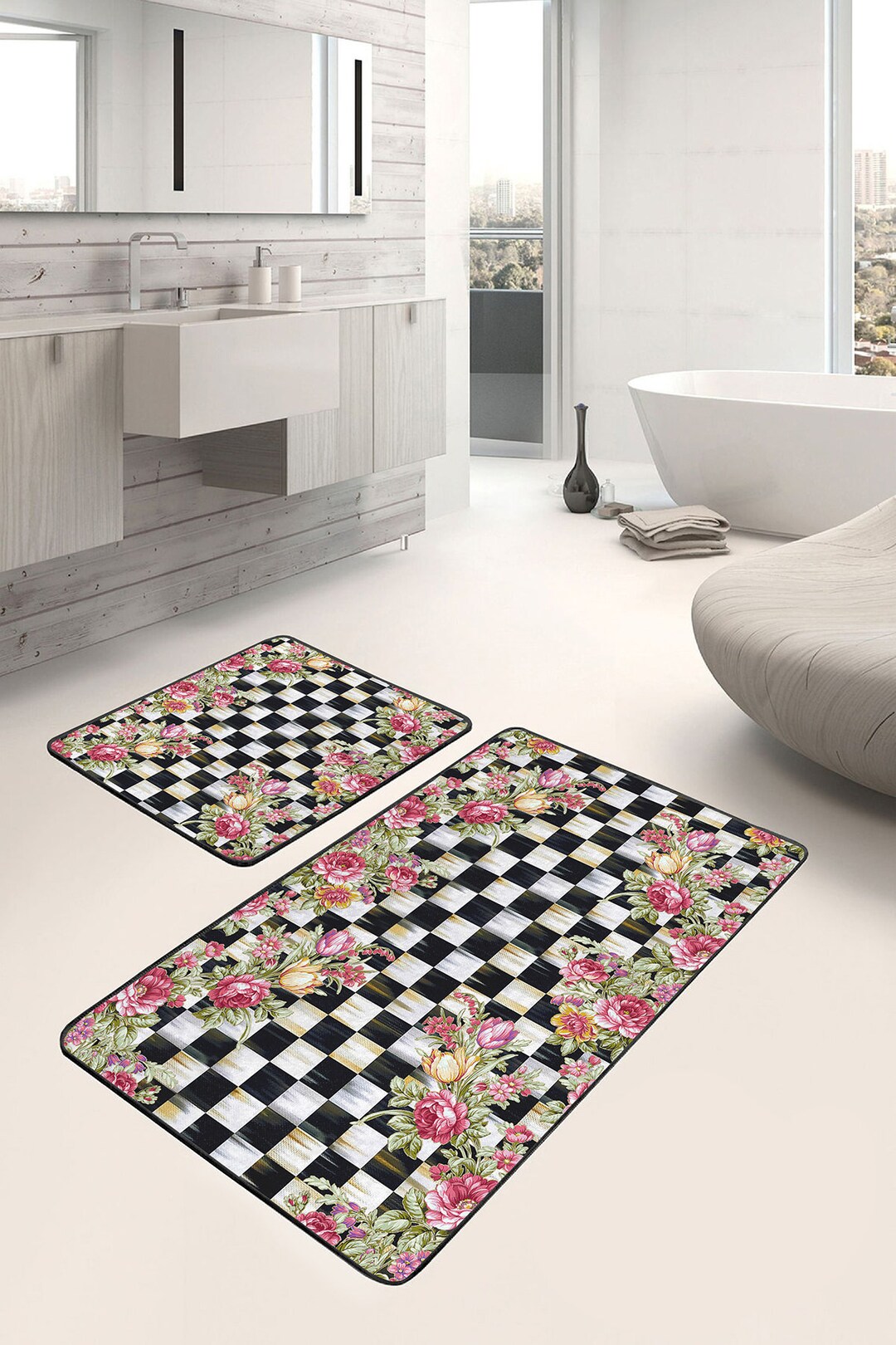 Floral Bath Mat|checkered Bath Mat|anti-slip Kitchen Mat|black and ...