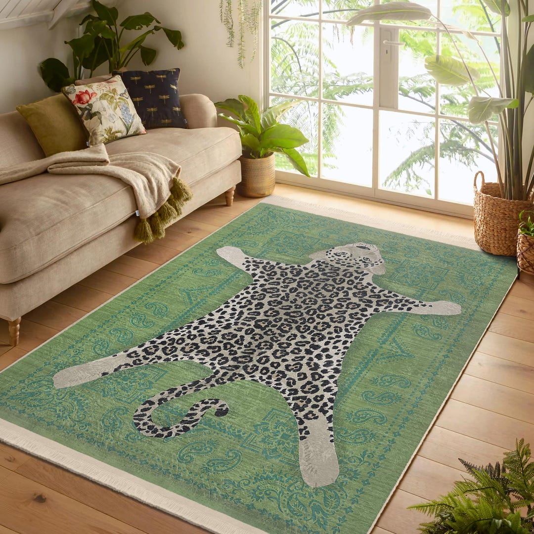 Leopard Rug|green Area Carpet|wild Animal Rug|washable Area Rug|non ...