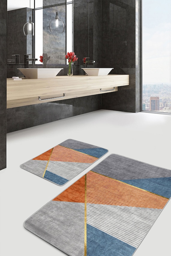 Blue and Orange Striped Bath Matnon Slip Bath Mat Set of 2bestselling Bathroom Rugmodern Bathroom Decorhandmade Shower Matkitchen Rugs Etsy UK