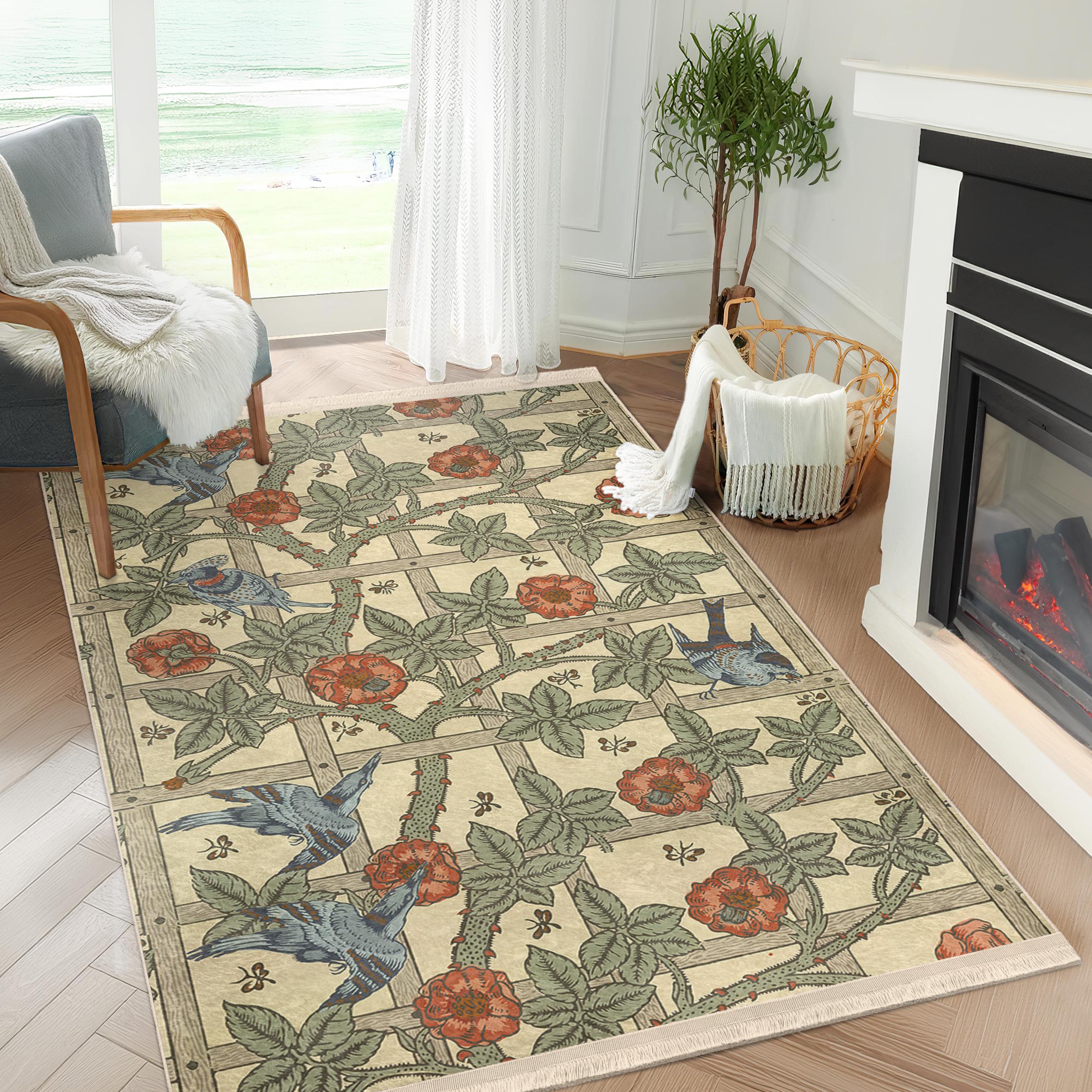 Nouveau Floral Rug|morris Style Rug|blue Bird Carpet|washable Rectangle ...