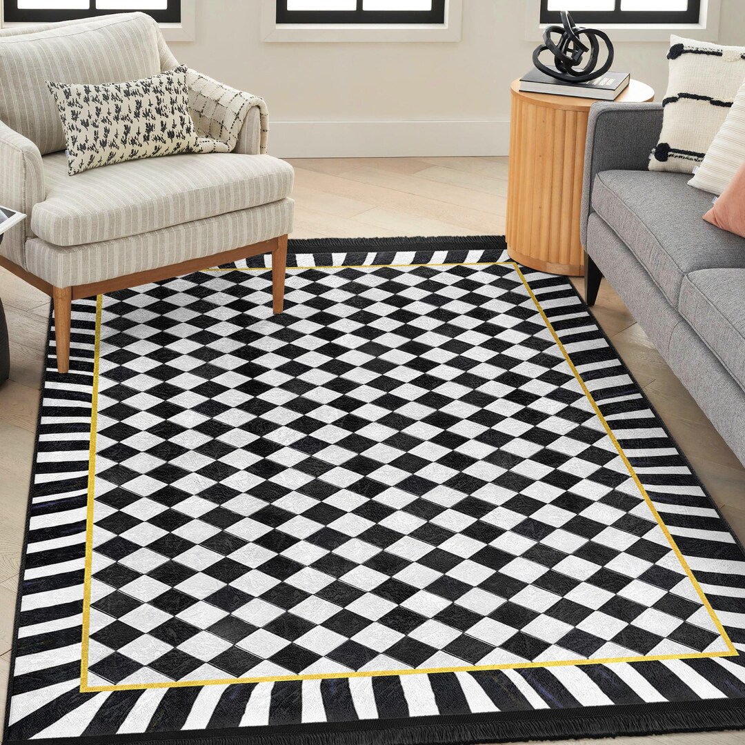 Modern Checkered Rugdama Runnerblack and White Rugsnon-slip ...