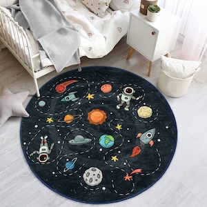 Space Themed Cute Kid's Rug|adventurous Astronaut Childen's Mat|navy ...