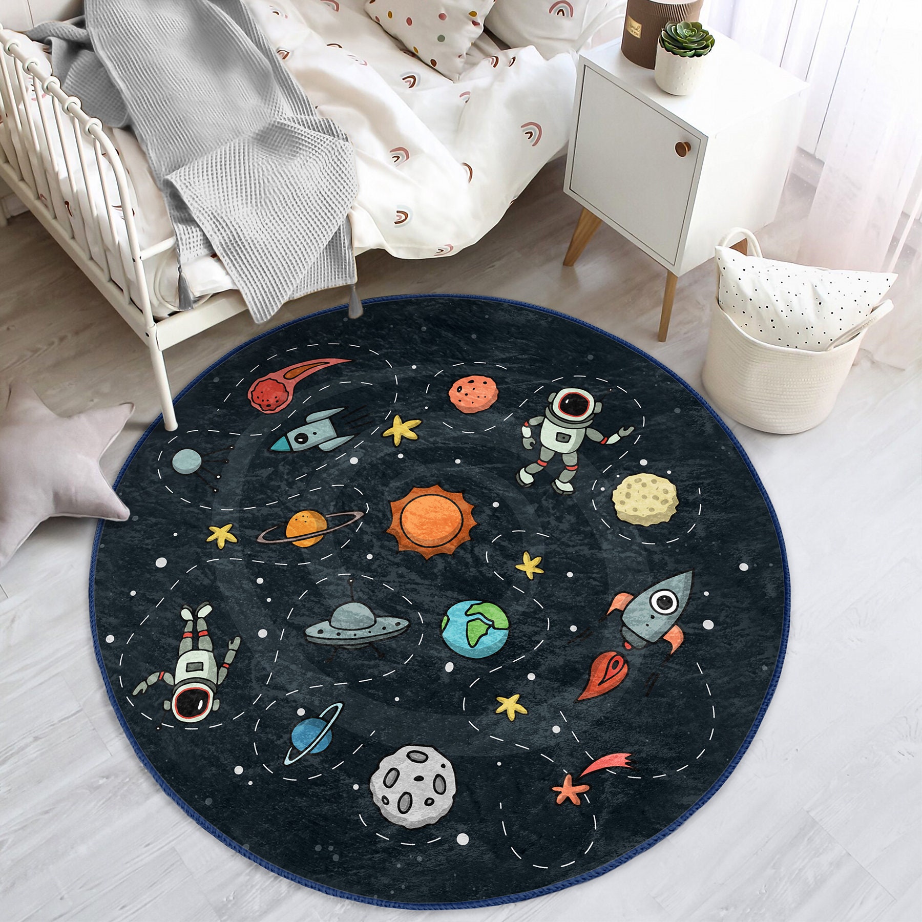 Space Themed Cute Kid's Rug|adventurous Astronaut Childen's Mat|navy ...