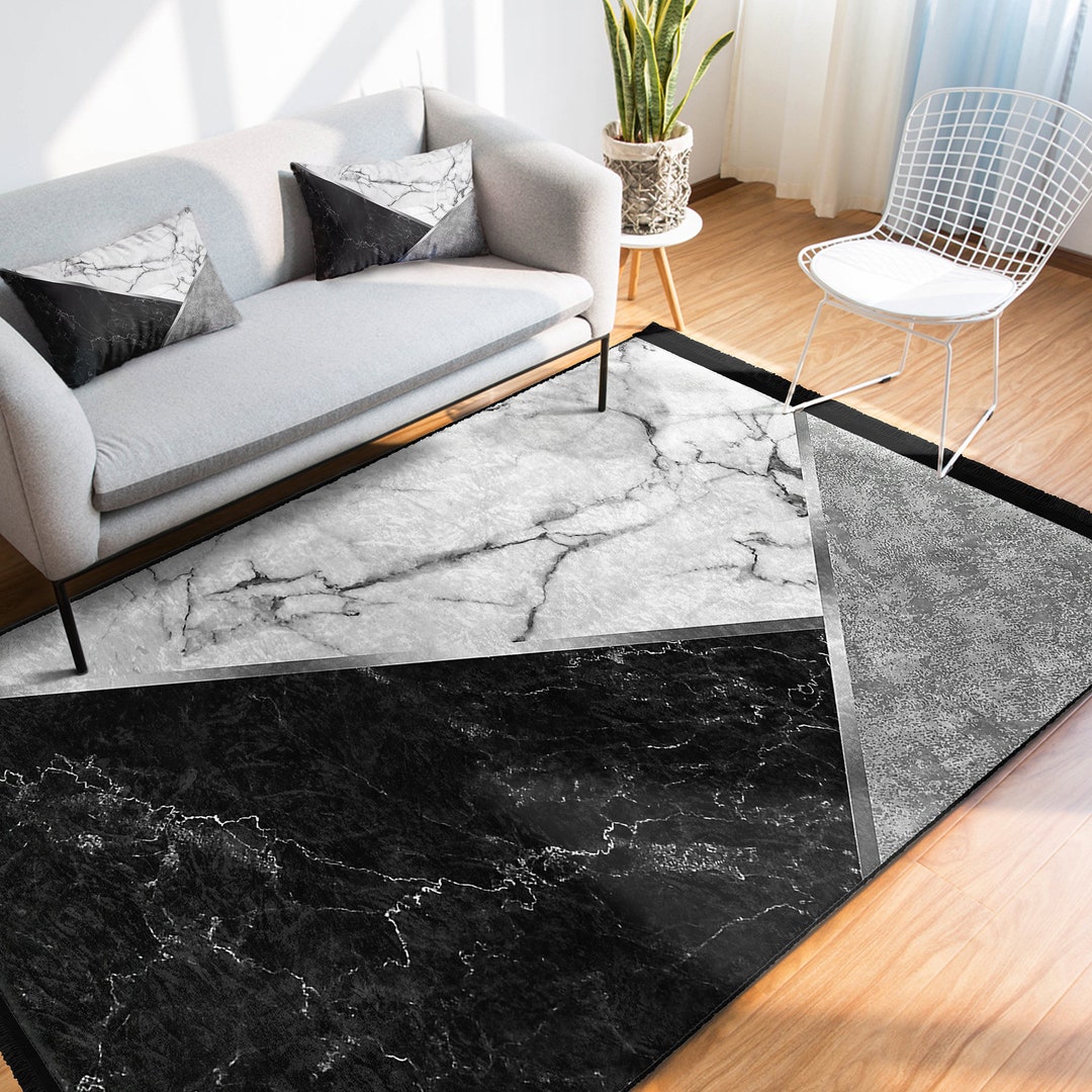 Marble Pattern Black Living Room Rug|fringed Carpet|washable Doorway ...