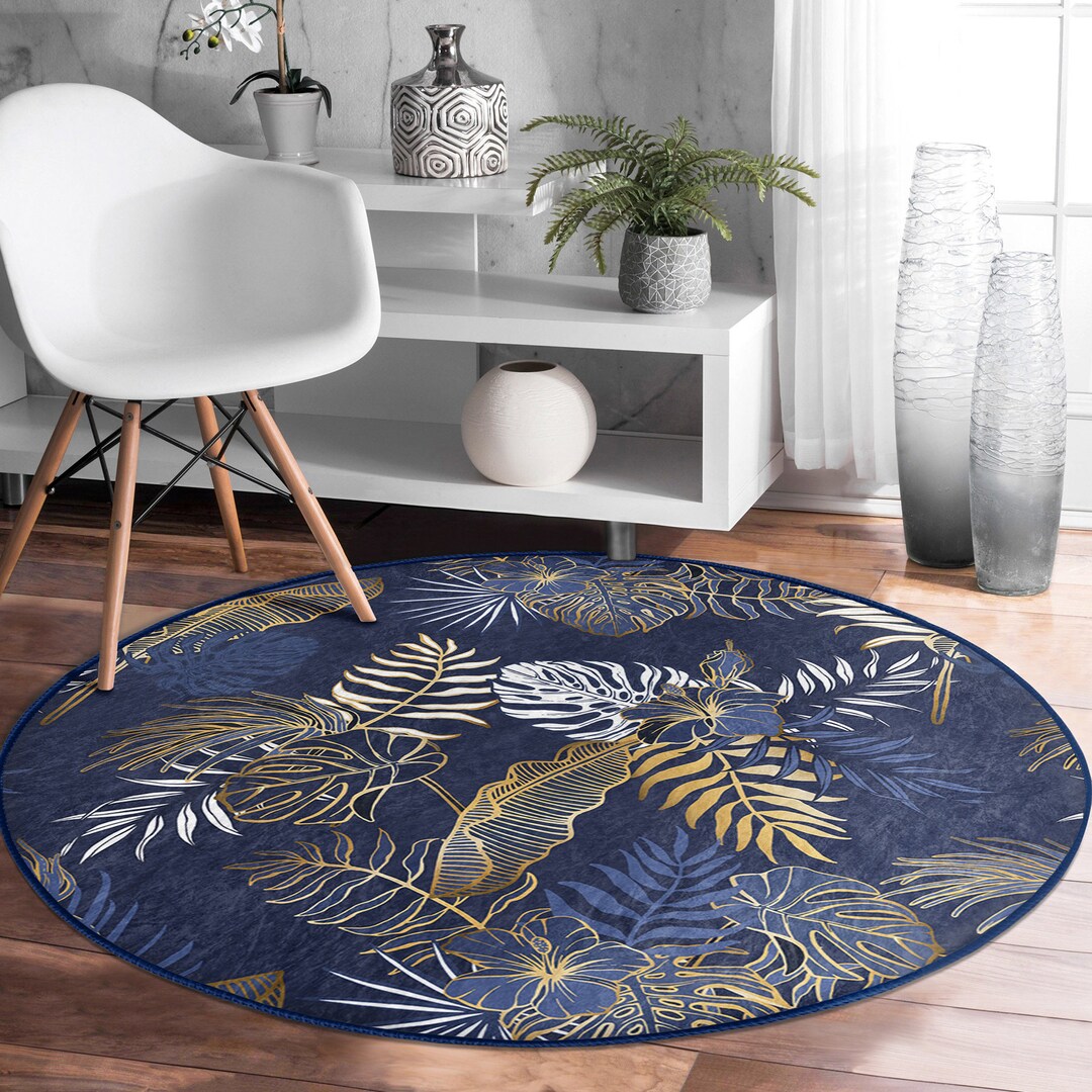 Navy Blue Round Carpet|leaf Pattern Area Rug|modern Dining Room Rug ...